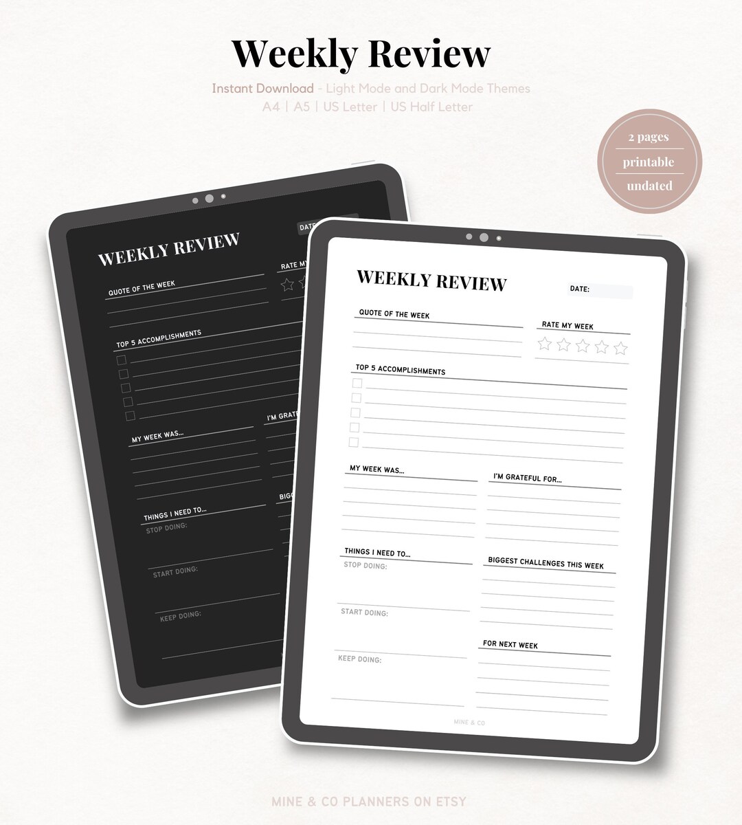 Weekly Review Planner Minimal Digital Printable Template PDF Undated ...