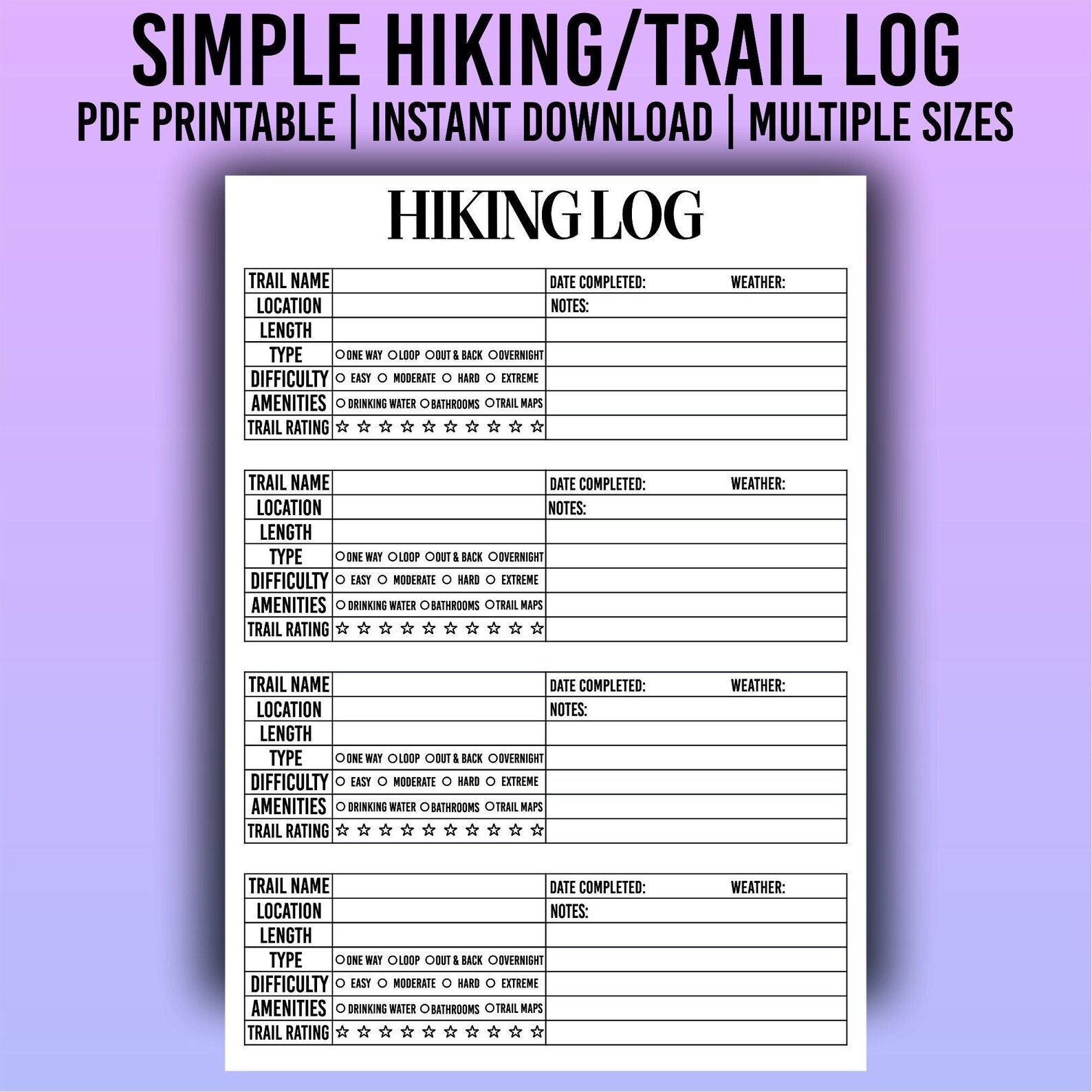 Hiking Log Printable, Trail Log, Hiking Journal, Travel Journal, Trail ...