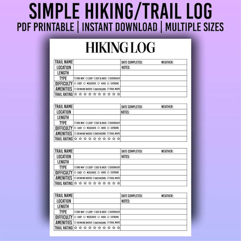 Hiking Log Printable, Trail Log, Hiking Journal, Travel Journal, Trail ...