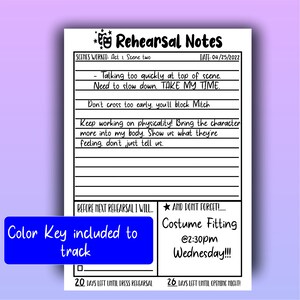 Rehearsal Notes Page for Actors - Notes Page Printable - PDF Printable ...