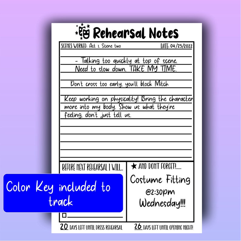 Rehearsal Notes Page for Actors - Notes Page Printable - PDF Printable ...