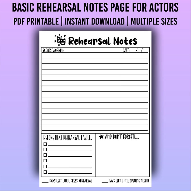 Rehearsal Notes Page for Actors - Notes Page Printable - PDF Printable ...
