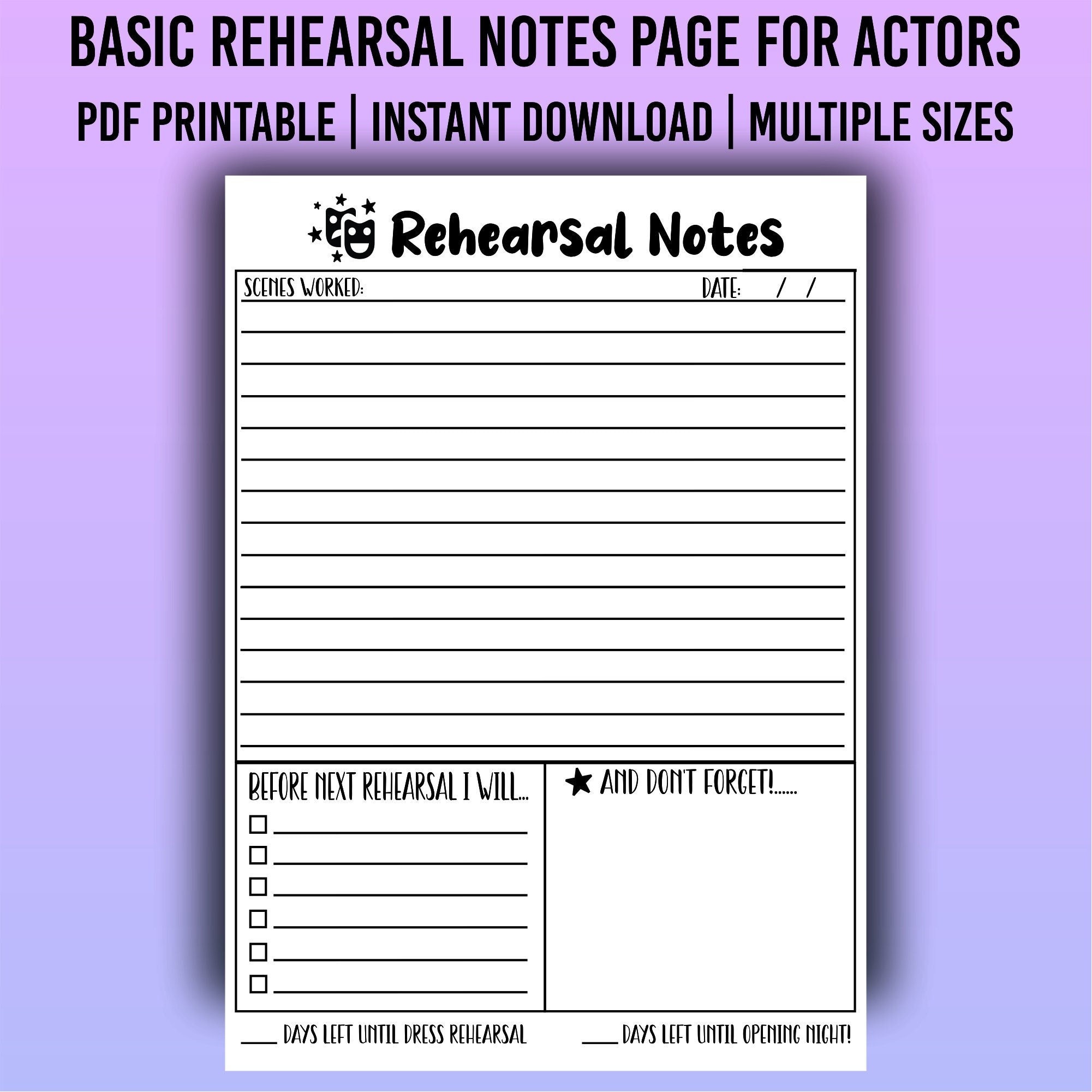 Rehearsal Notes Page for Actors - Notes Page Printable - PDF Printable ...