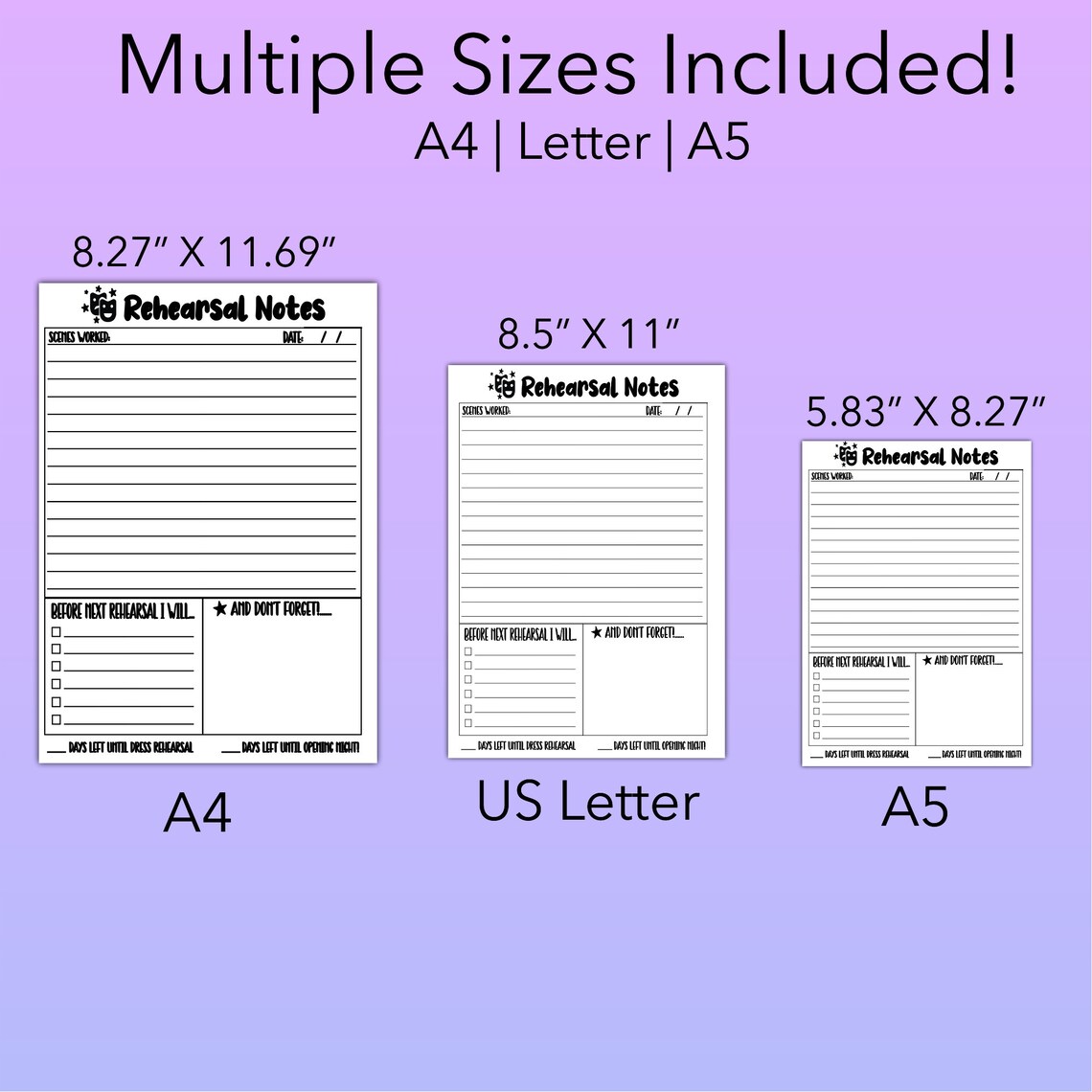 Rehearsal Notes Page for Actors - Notes Page Printable - PDF Printable ...