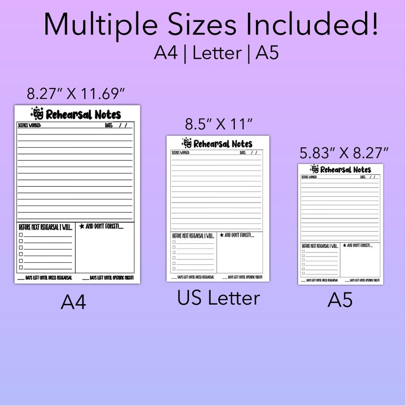 Rehearsal Notes Page for Actors - Notes Page Printable - PDF Printable ...