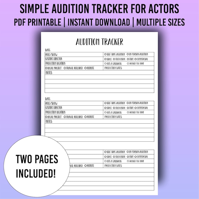 Audition Tracker for Actors - Actors Printable Tracker - Audition Log ...