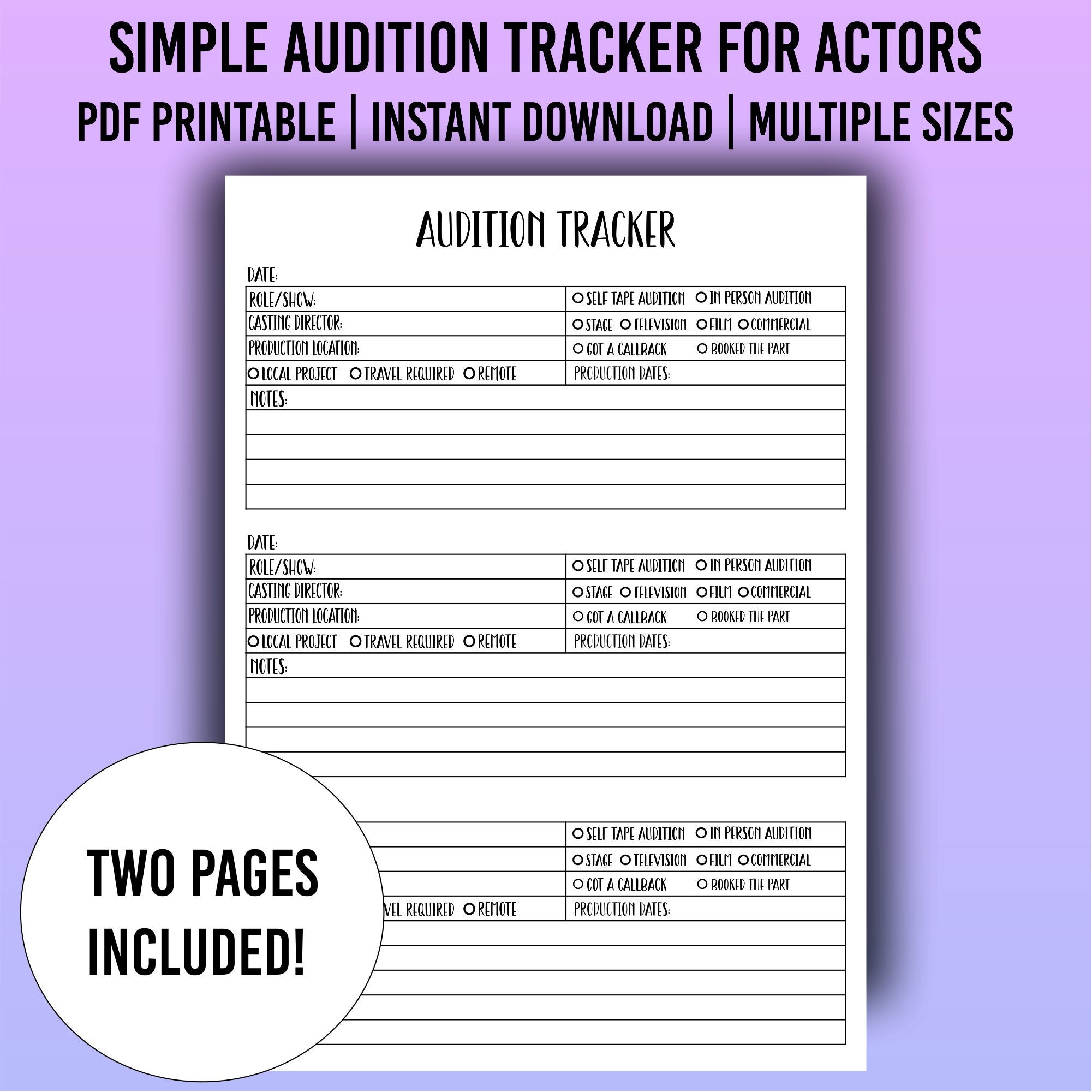 Audition Tracker for Actors - Actors Printable Tracker - Audition Log ...