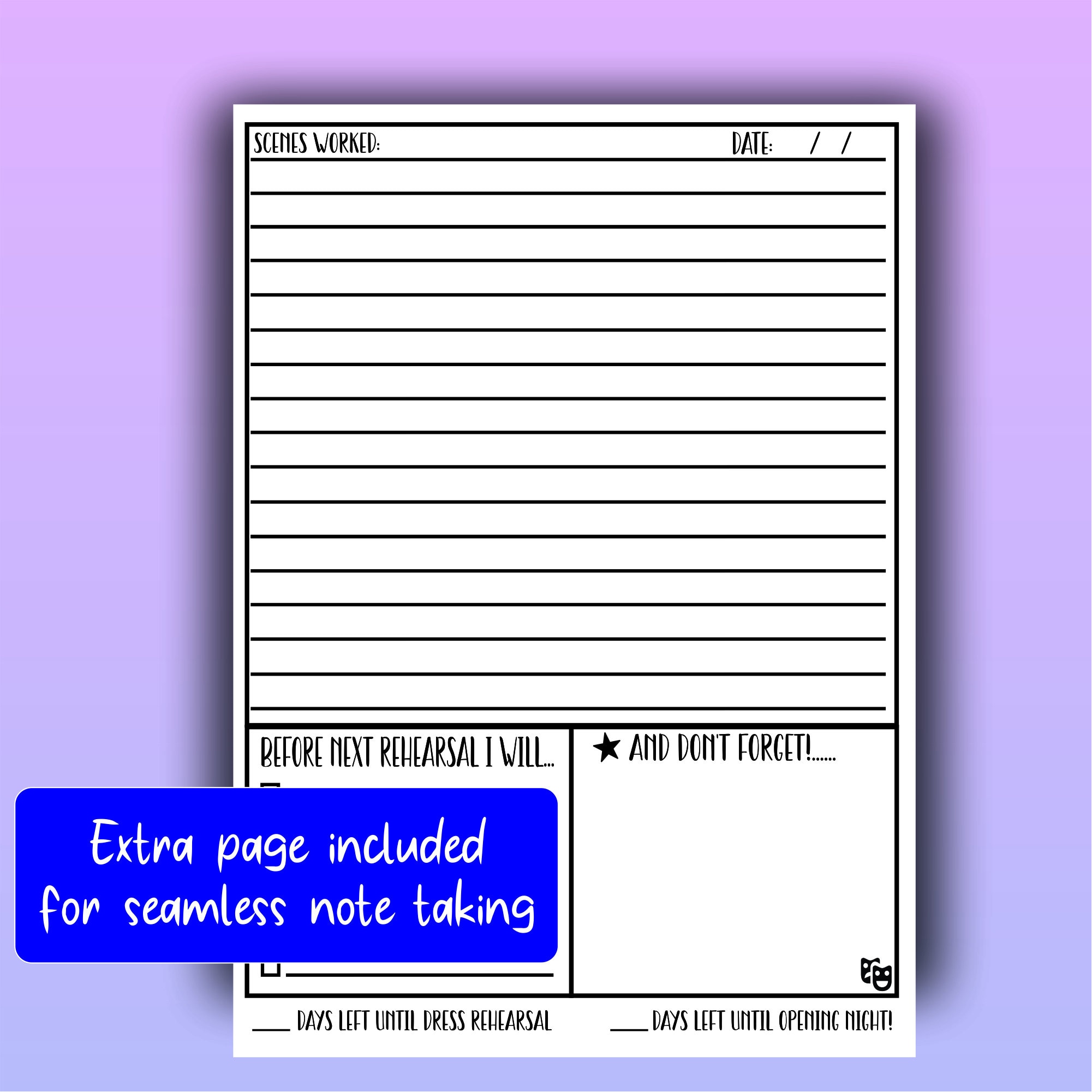 Rehearsal Notes Page for Actors - Notes Page Printable - PDF Printable ...