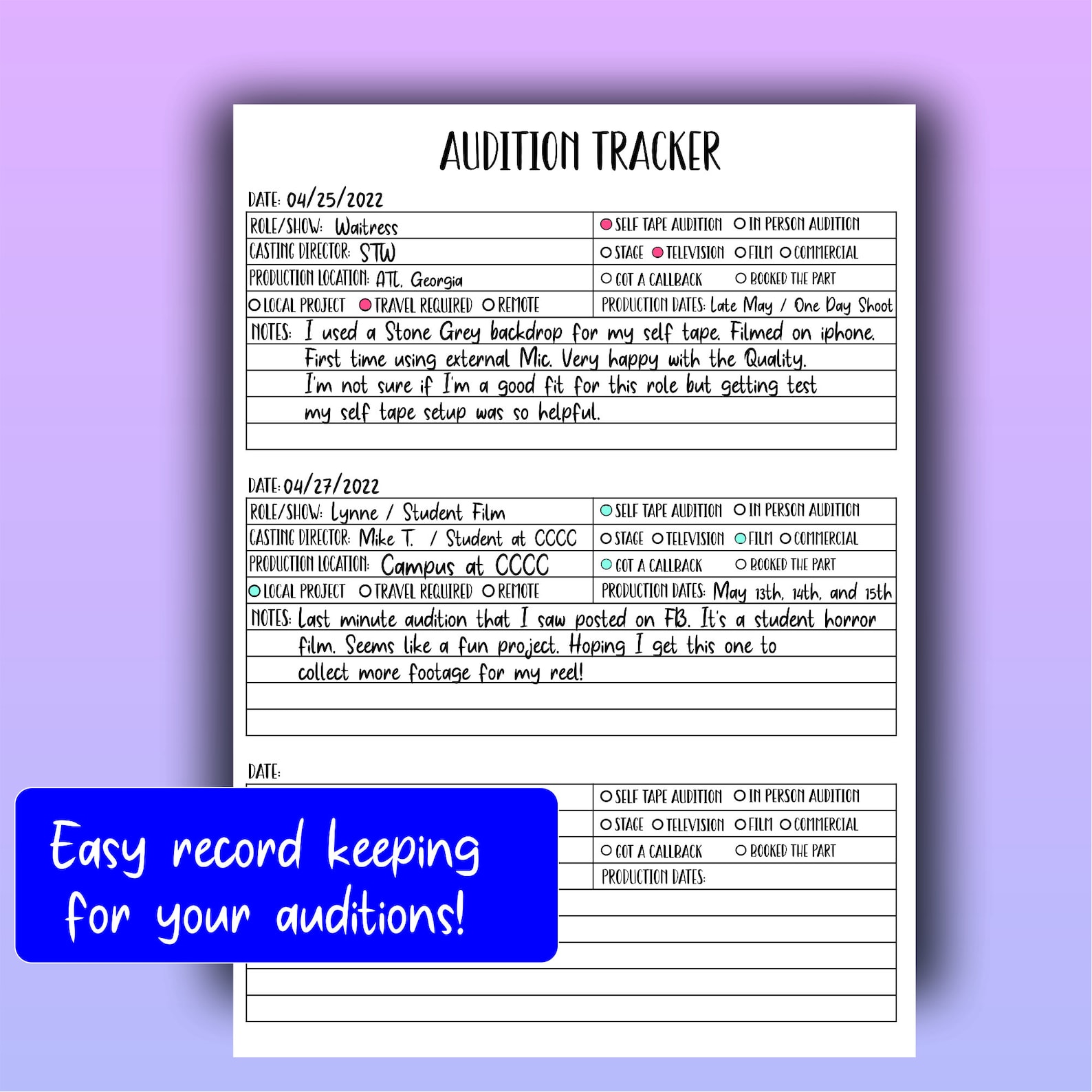 Audition Tracker for Actors - Actors Printable Tracker - Audition Log ...