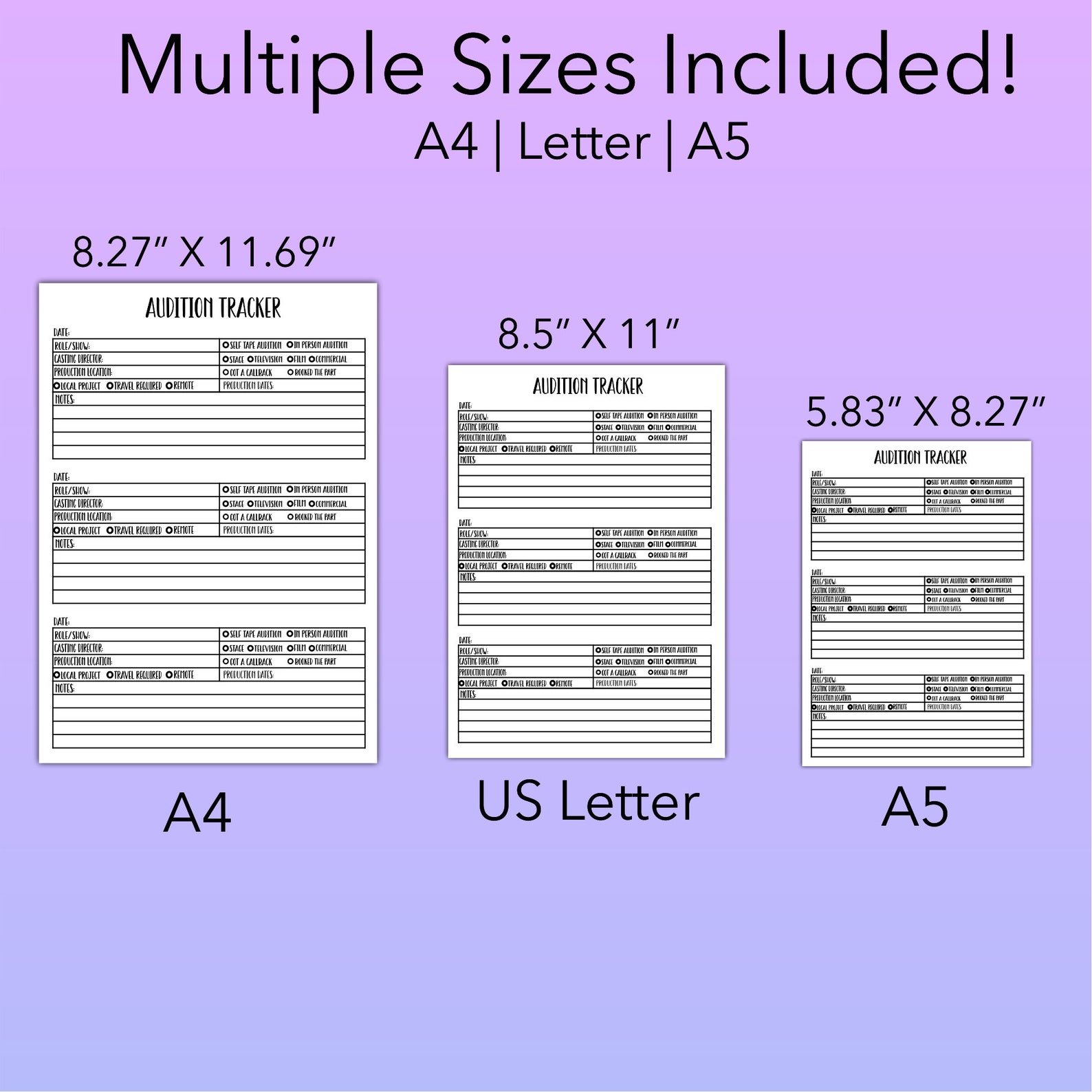 Audition Tracker for Actors - Actors Printable Tracker - Audition Log ...