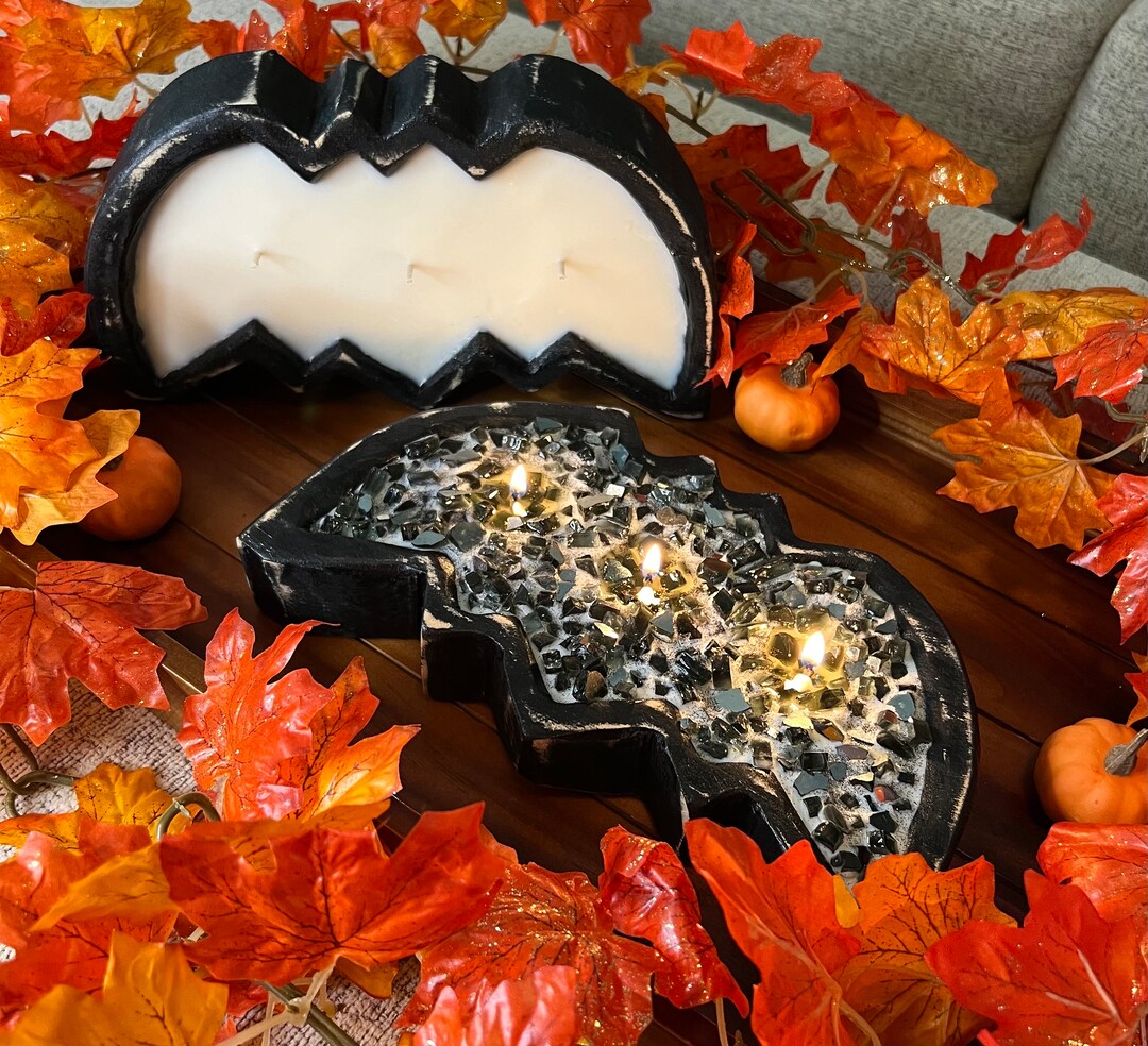 Bat Candle With Fire Pit Glass, Halloween Decor, Black Bat Wood Dough ...