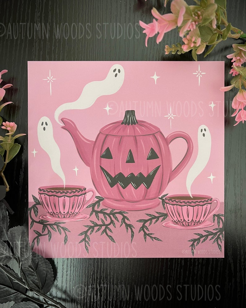 8x8 Pink Spooky Tea Art Print | Halloween Artwork | Pumpkin | Jack O ...