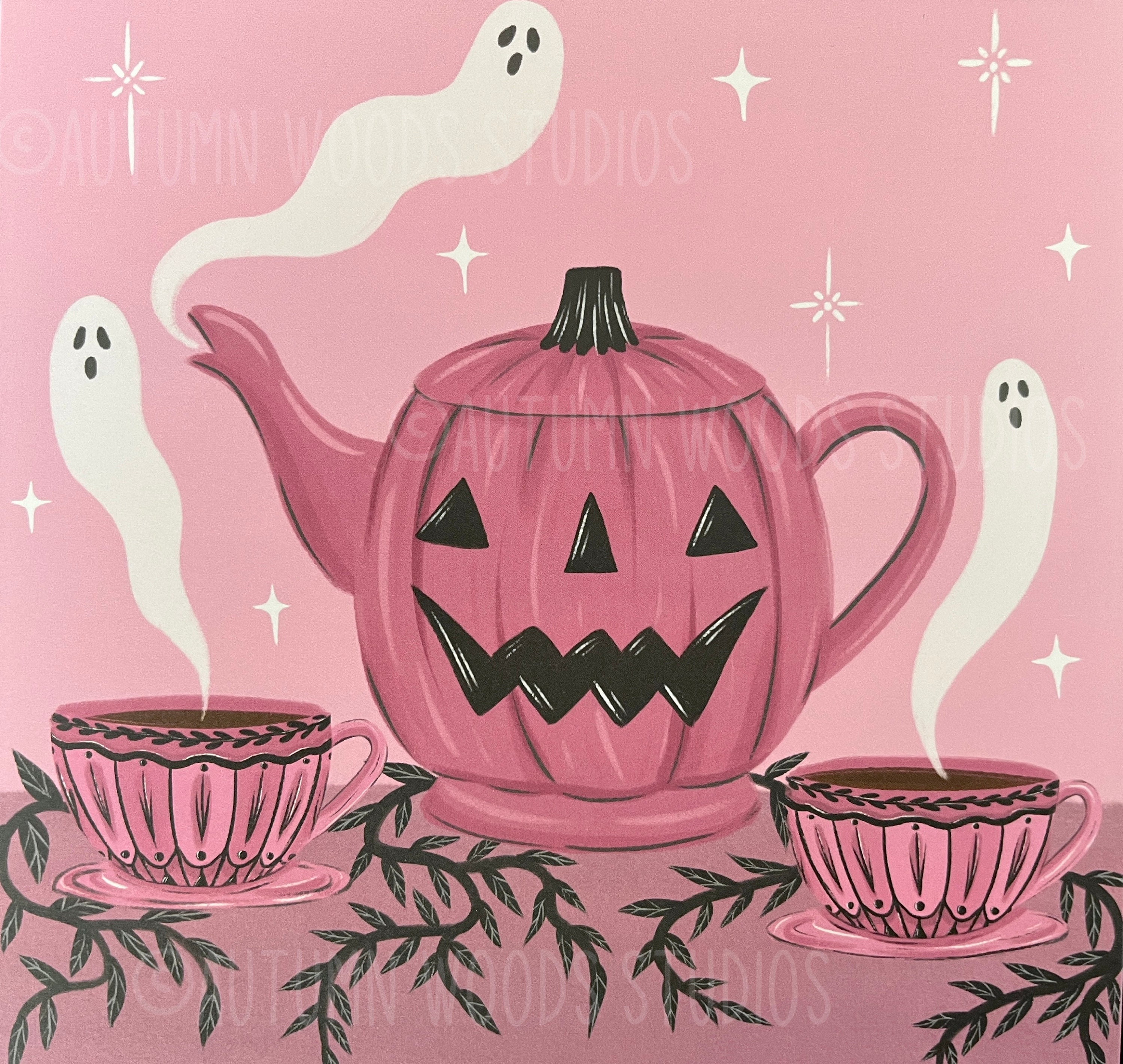 8x8 Pink Spooky Tea Art Print Halloween Artwork Pumpkin Jack O Lantern ...