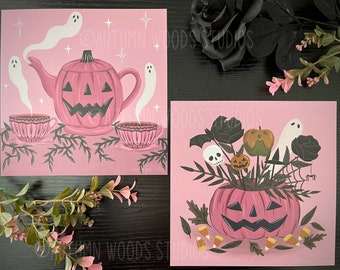 8x8 Pink Spooky Tea Art Print | Halloween Artwork | Pumpkin | Jack O ...