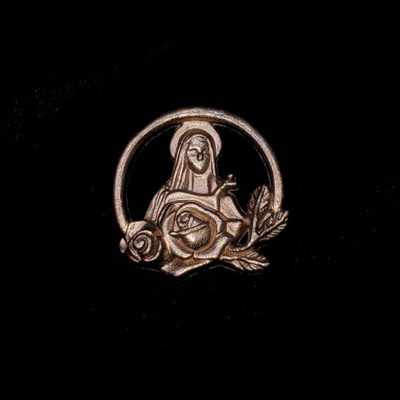 Antique Virgin Mary with Rose Flower Gold Tone Pin Br… - Gem