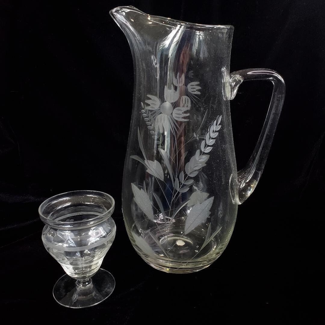 Vintage Etched Floral Clear Glass Pitcher & Cup Set - Etsy