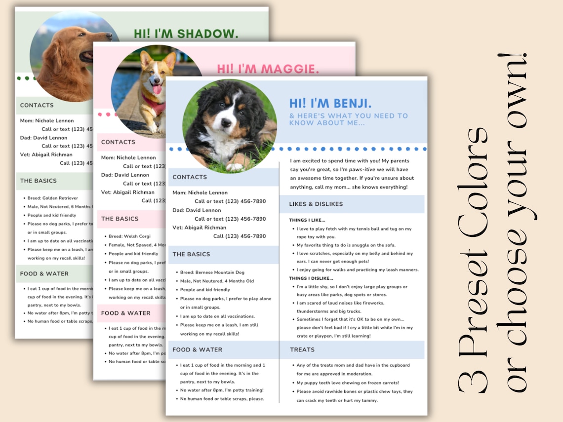 Pet Information Pages, Editable Template Pet Sitter Daycare ...