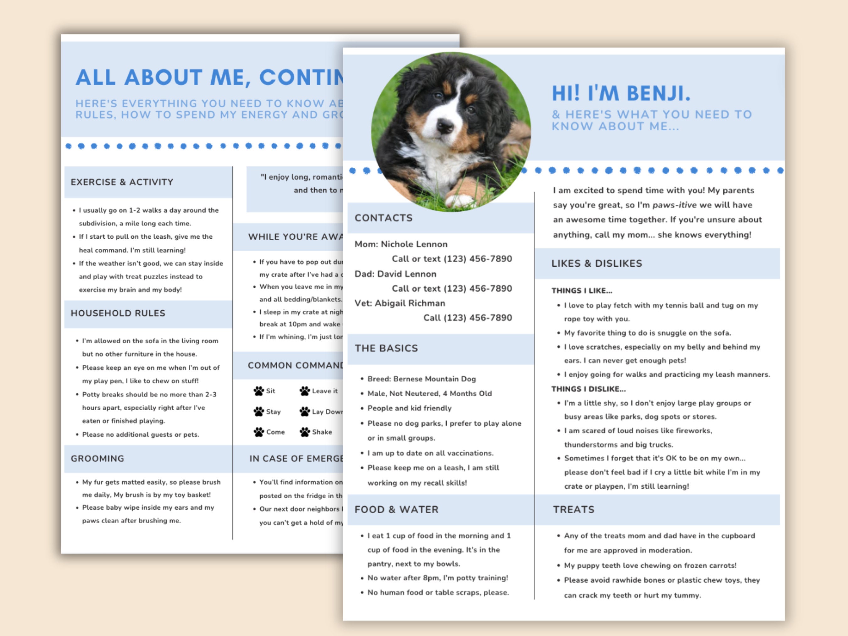 Pet Information Pages, Editable Template Pet Sitter Daycare ...