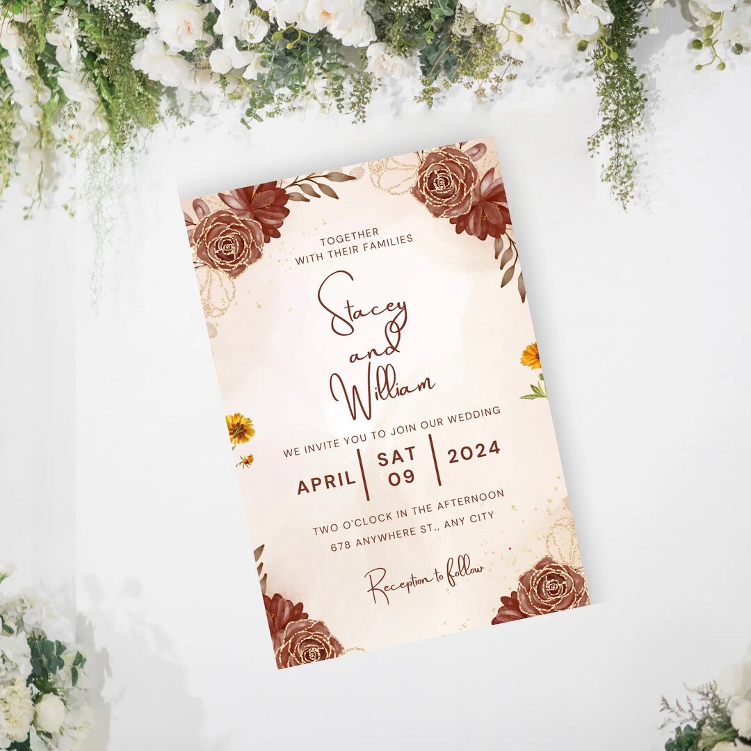 Brown Watercolor Wedding Invitation Card | Printable Floral Wedding ...