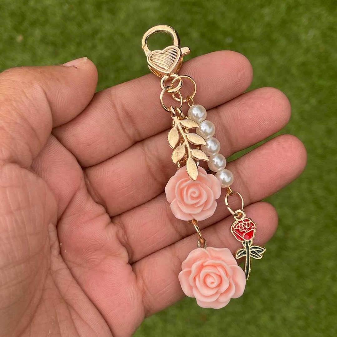 Pink Rose Keyring | Flower Keychain | Rose Bag Charm | Flower Lover ...