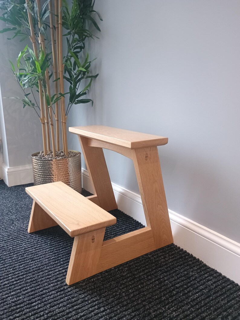 Handmade Solid Oak Step Stool – Modern Two‑step Kitchen & Bedside Stool ...