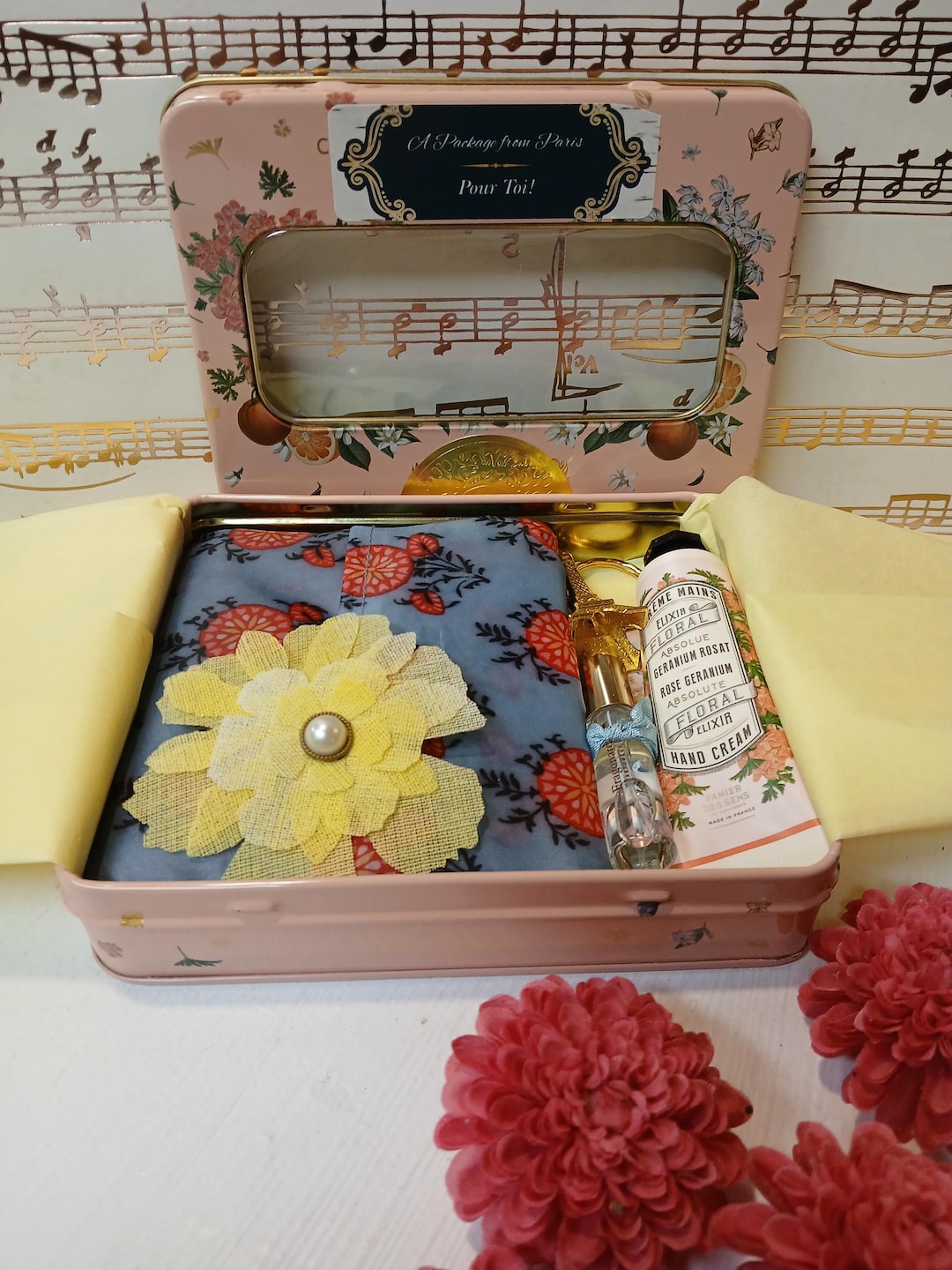 French Gift Parcel: Fragonard Perfume, Tote, Brooch & Panier Hand Cream ...