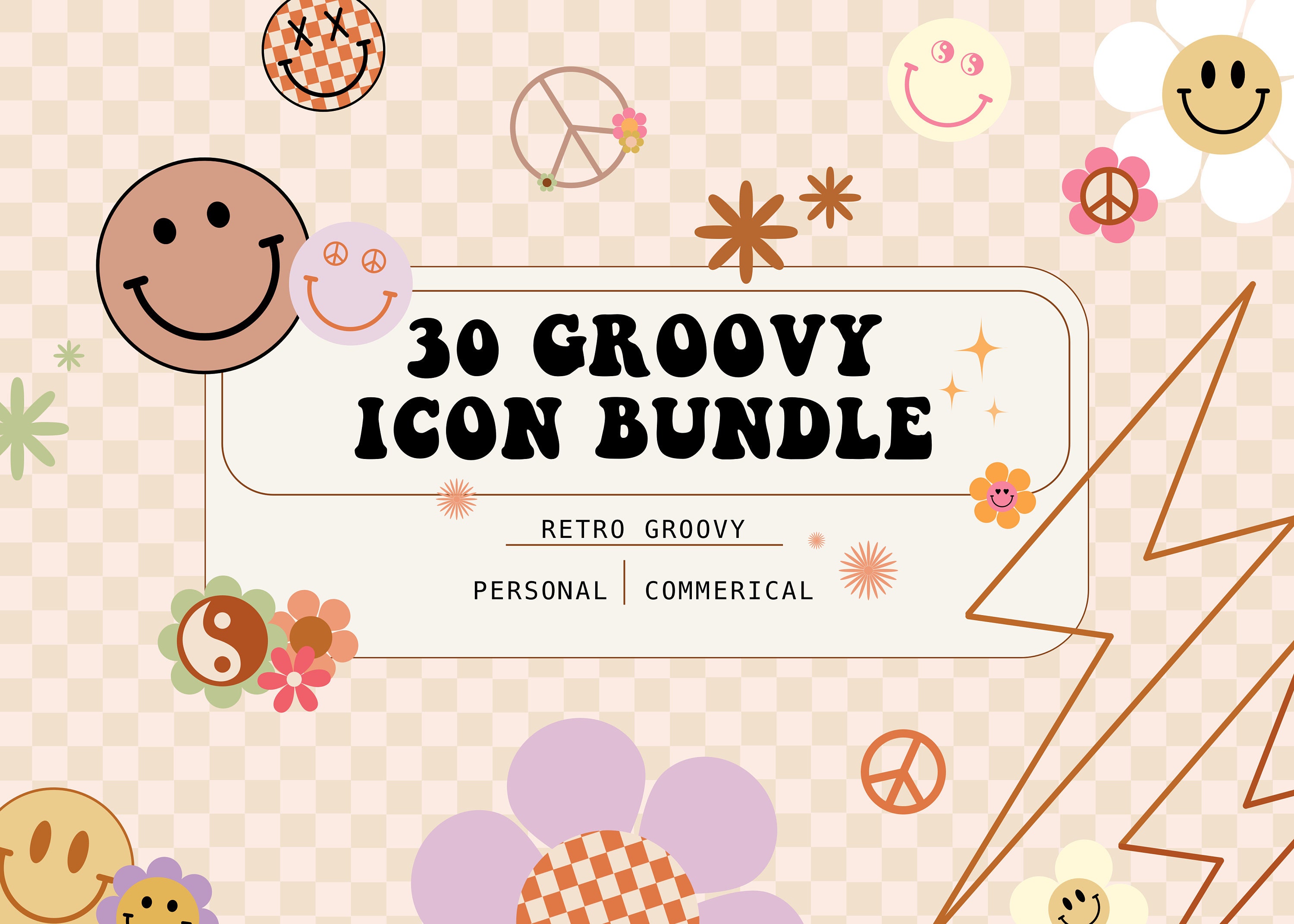 Retro Smiley Faces 30 Icon Graphics With Flowers, Peace Signs, and Yin ...