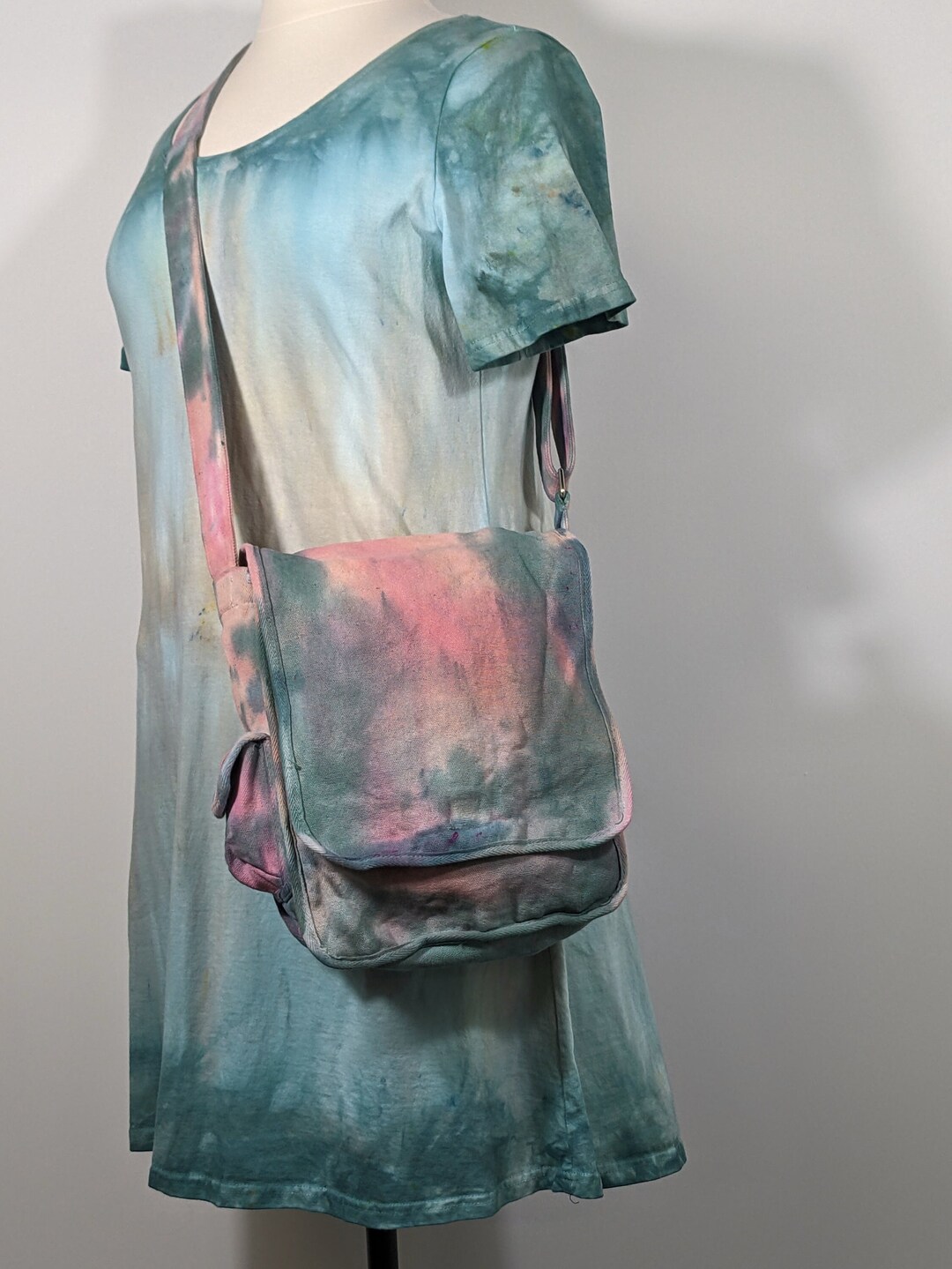 HUSH HUSH Soft Green Blues and Pink Abstract Dyed Canvas Mini Messenger ...