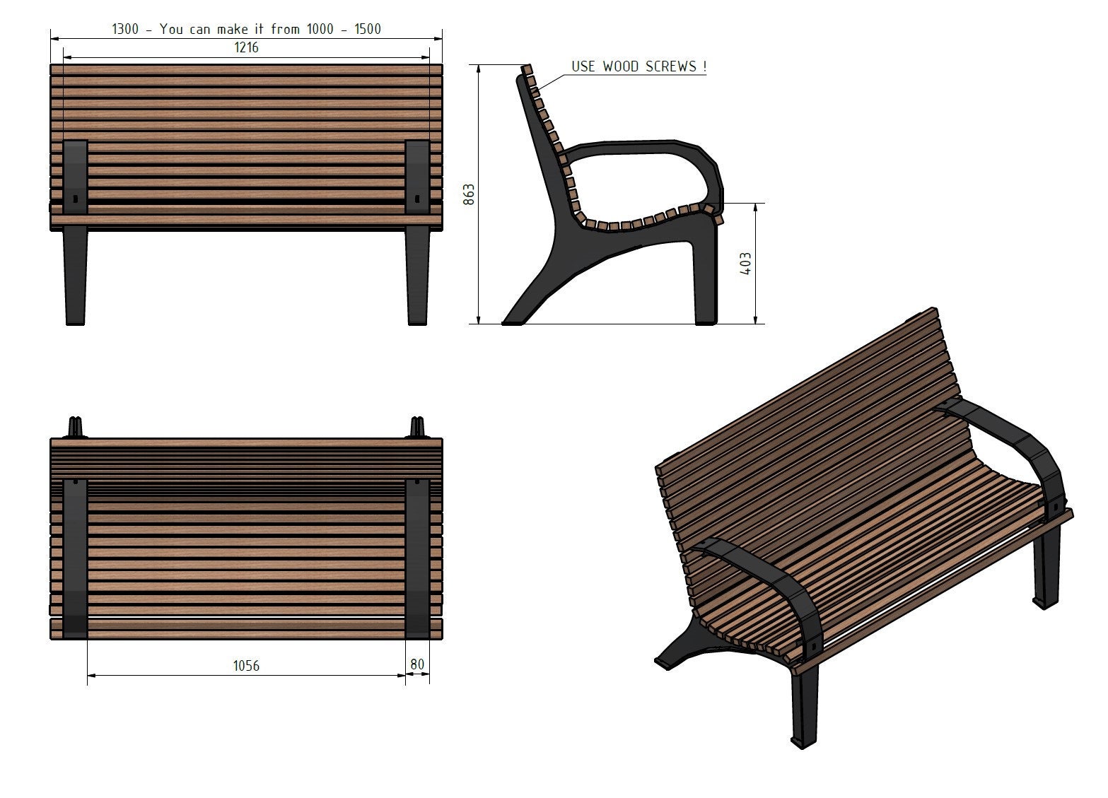 Metal & Wood Garden Bench Building Plans: DIY Outdoor Seating (DXF/PDF ...