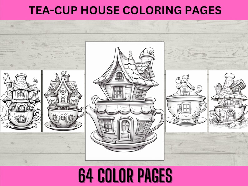 60 Floral Teacup Houses Coloring Book, Printable Fantasy Tea Cup ...