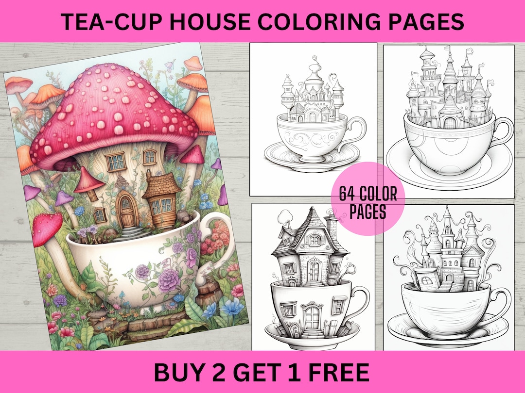 60 Floral Teacup Houses Coloring Book, Printable Fantasy Tea Cup ...