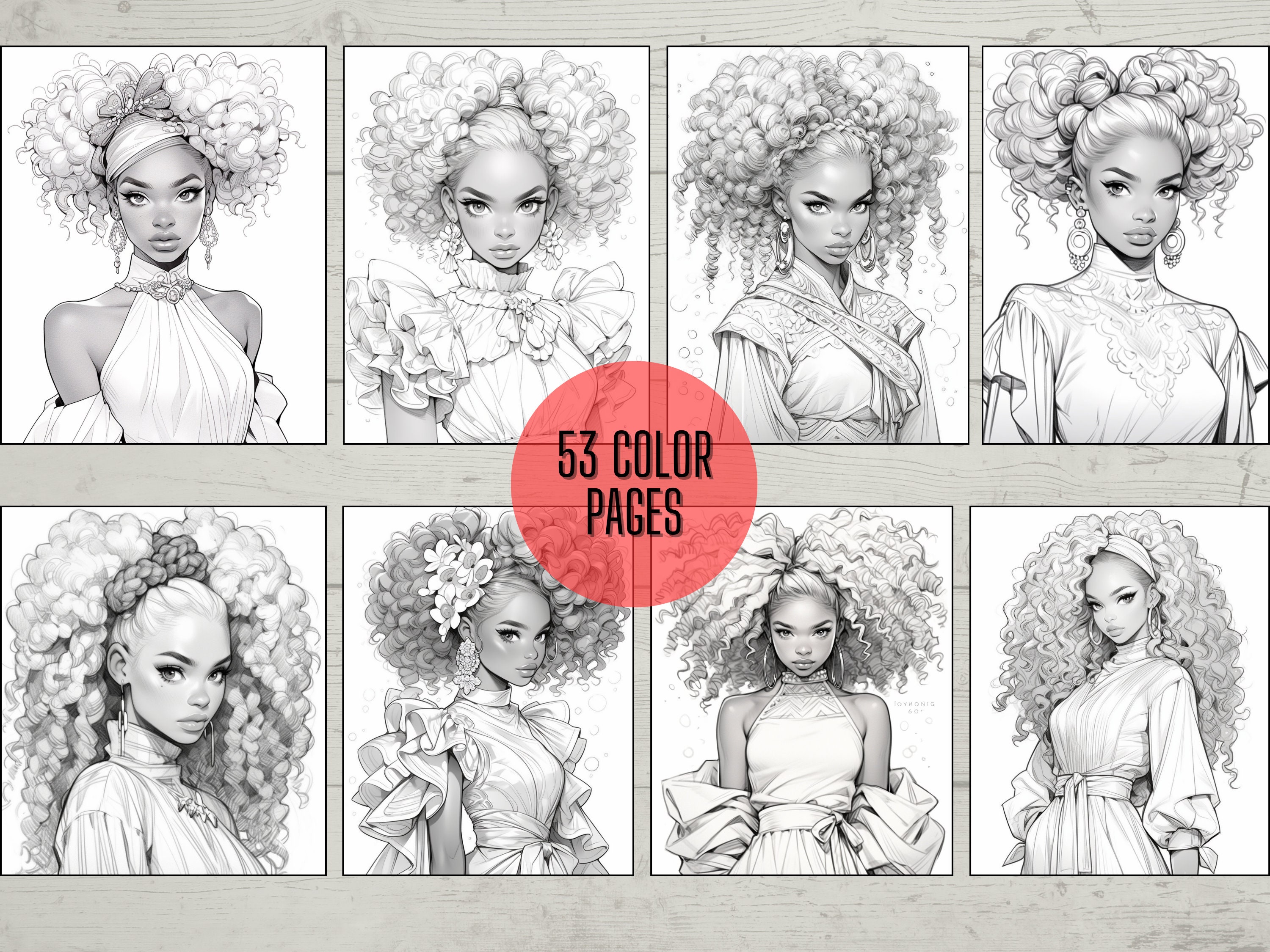 50 Afro Allure Digital Coloring Book for Adults, Woman Coloring Pages ...