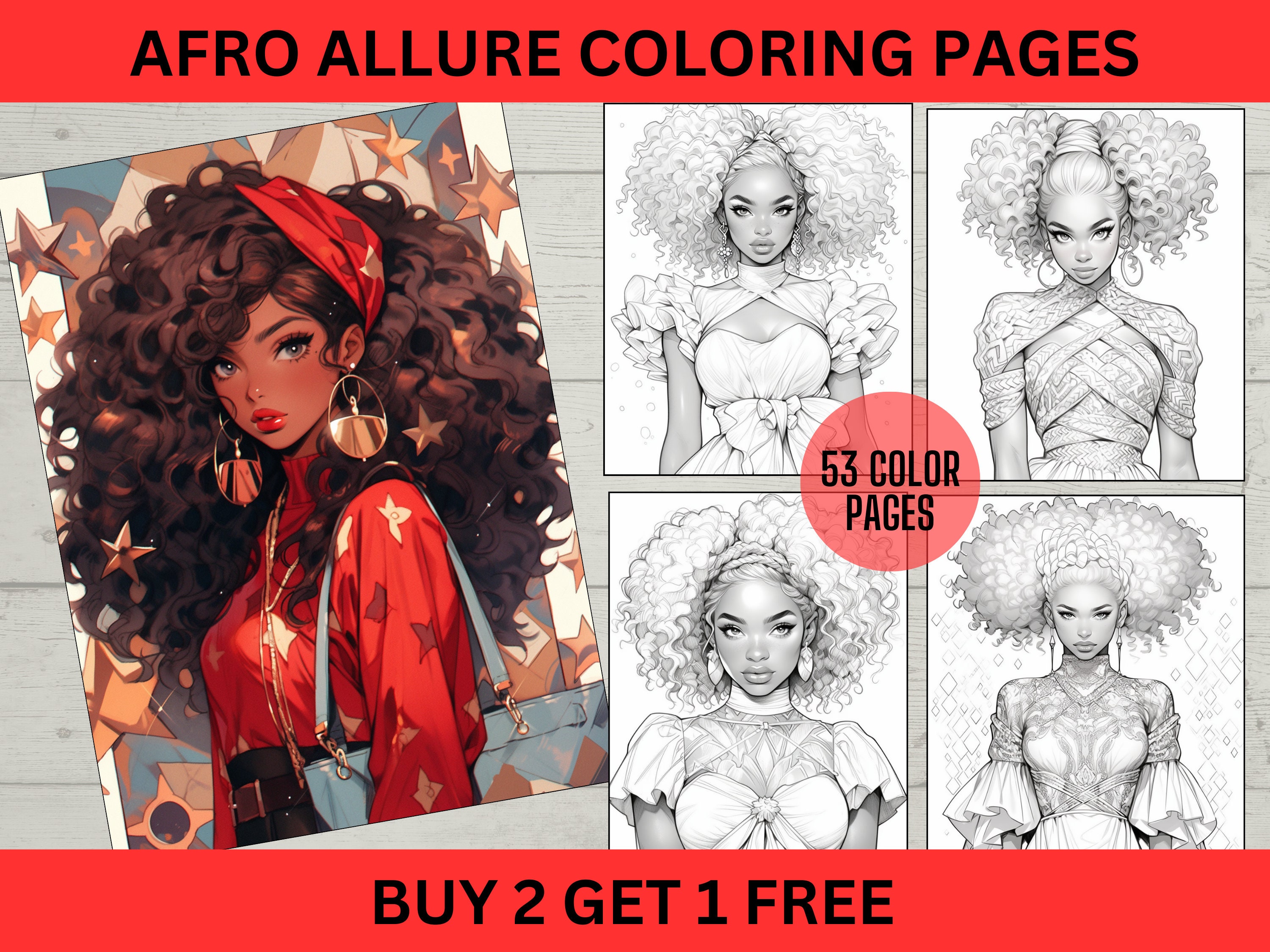 50 Afro Allure Digital Coloring Book for Adults, Woman Coloring Pages ...