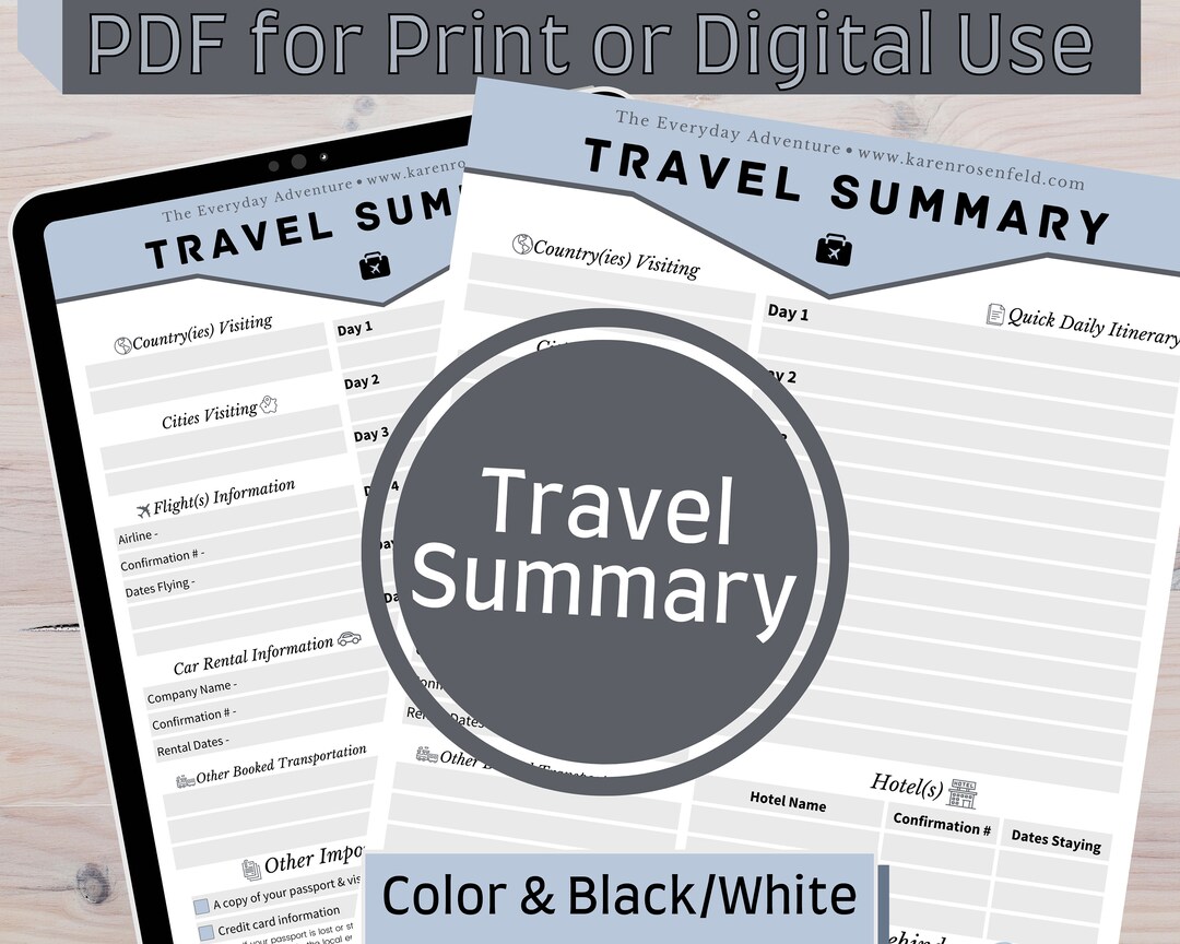 Travel Itinerary Detail Summary | Printable and Digital | Downloadable ...