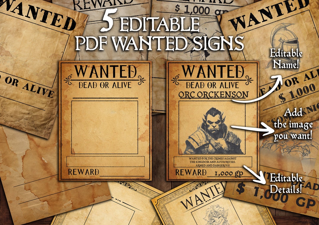 Editable Wanted Sign Printable PDF Template - DND - Roleplaying ...
