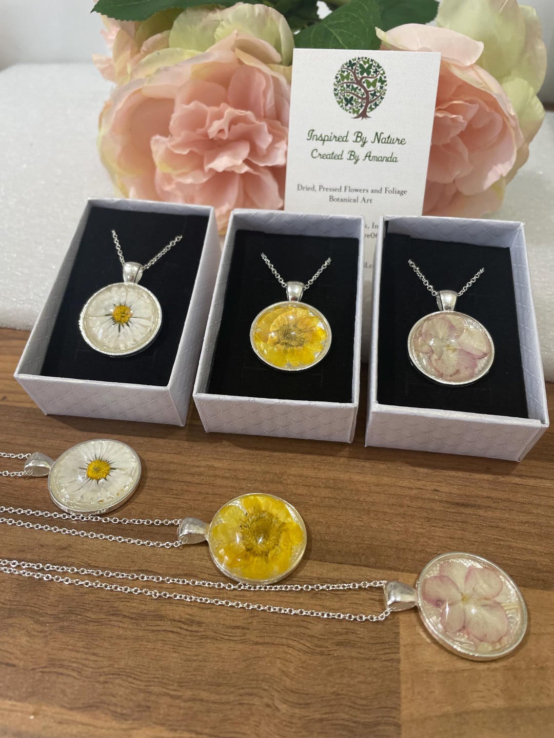 Flower Pendant Necklace, Real Flowers Set in Resin in Cartouche Style ...