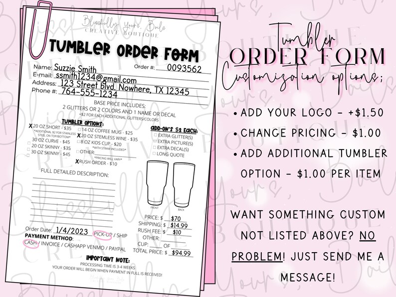 Custom Tumbler Order Form - Etsy
