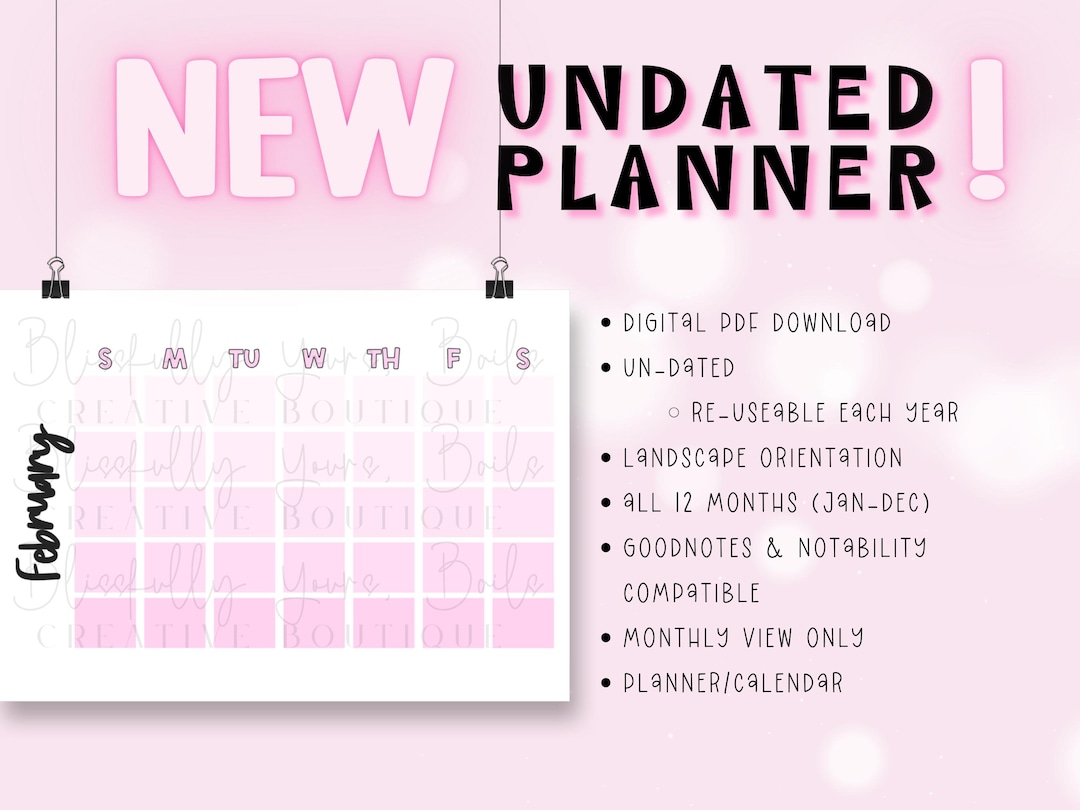 12 Month Undated Digital Monthly Calendar Pink and White Blank Month ...