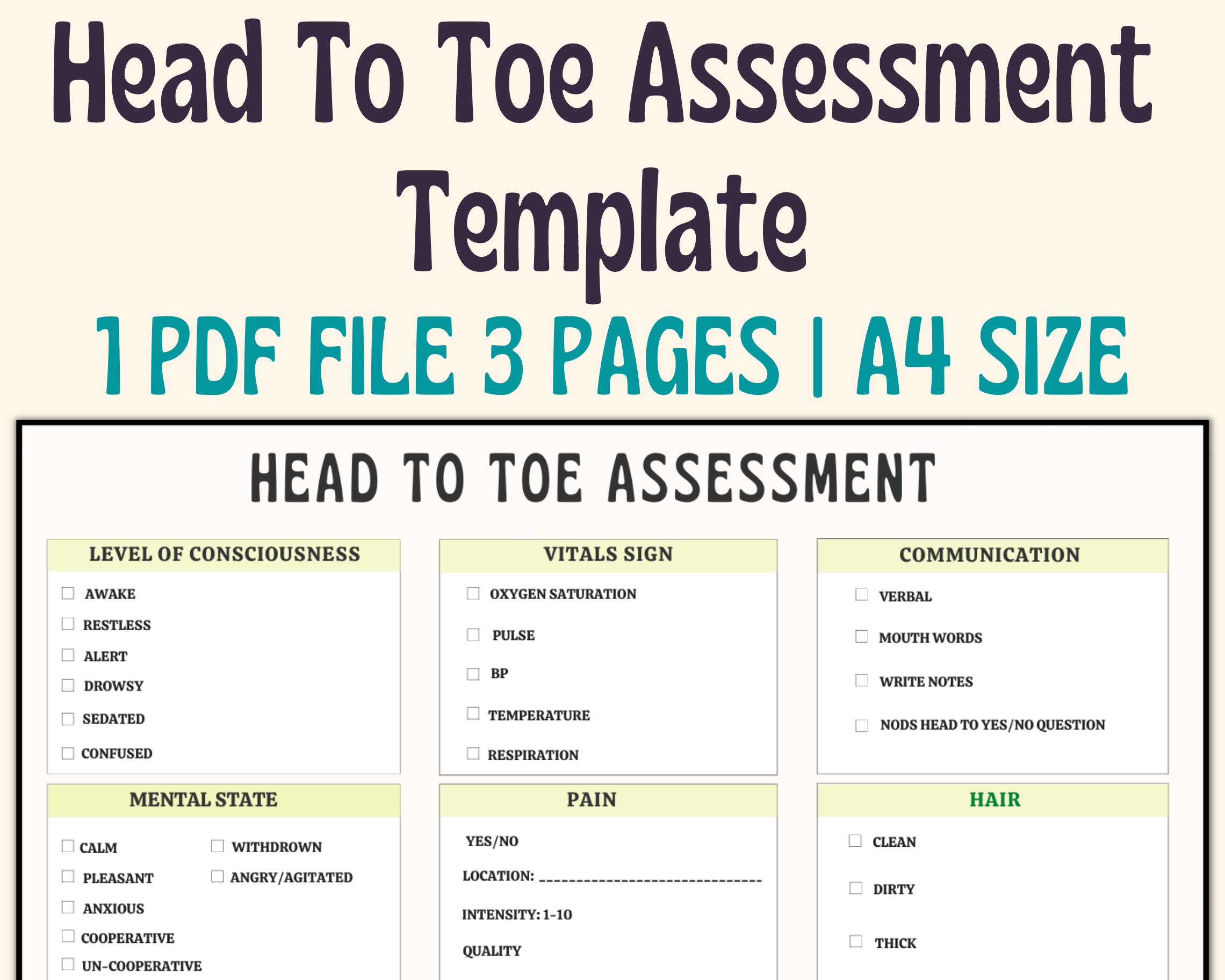 Head to Toe Assessment Head to Toe Assessment Template - Etsy Australia