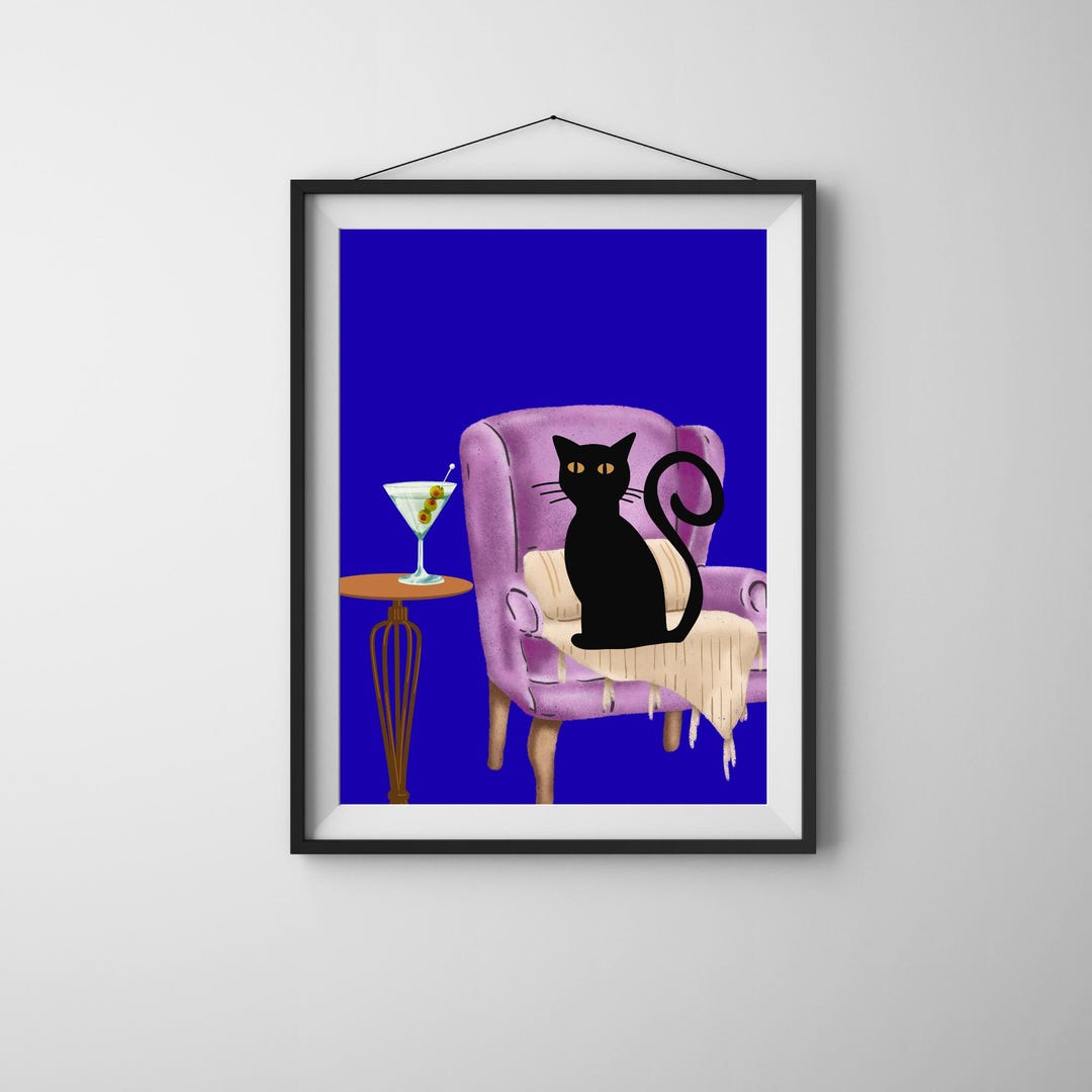 Black Cat Wall Art, Modern Cat Print, Martini Cocktail Artwork (digital ...