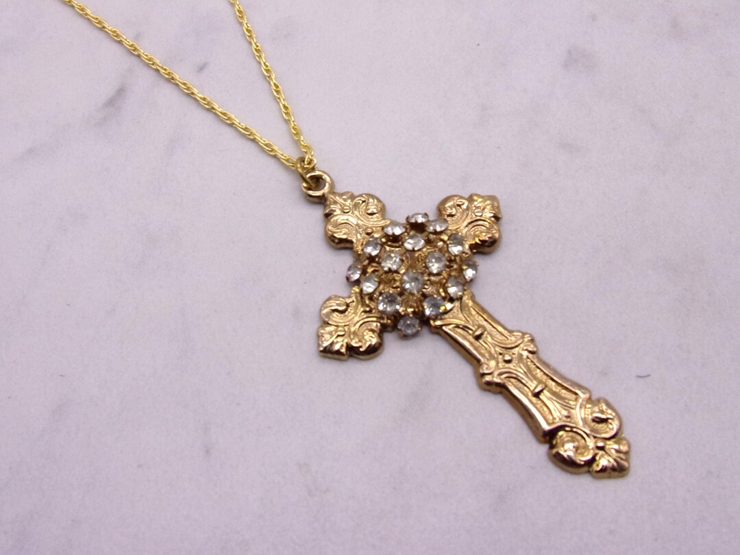 Rhinestone Cross Necklace, Large Rhinestone Cross Necklace,1970s ...