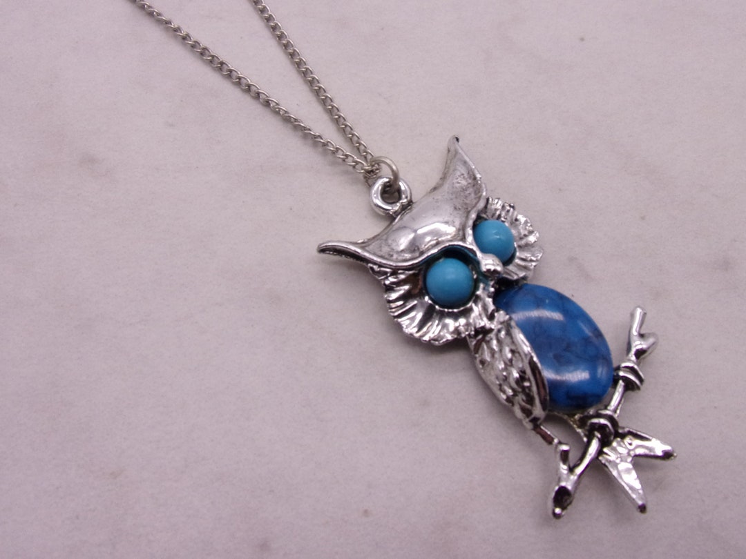 Turquoise Owl Necklace, Faux Turquoise Owl Necklace, 1970s One Wing Owl ...