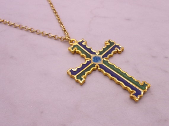 Enameled Cross Statement Necklace,1960s Cross Necklace - Gem