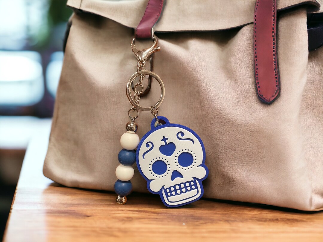3D Printed Sugar Skull Keychain With Silicone Bead Accent Day of the ...