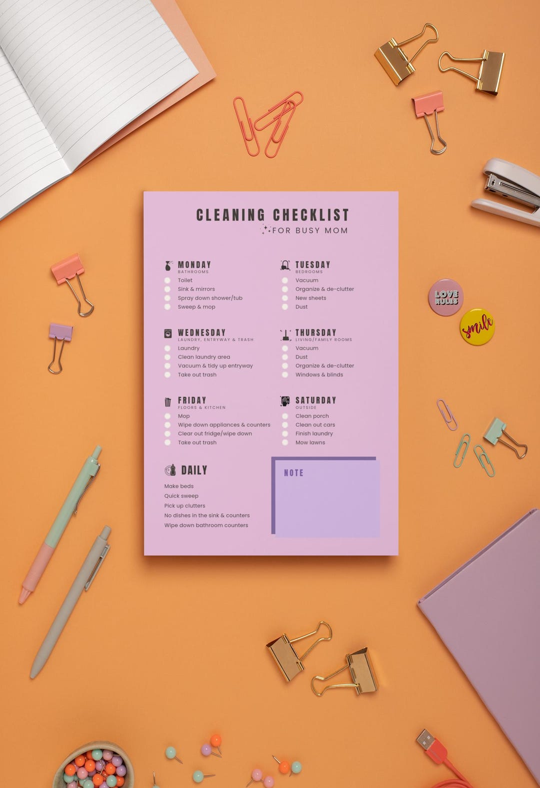 Cleaning Checklist, Cleaning List, Monday Through Saturday List ...