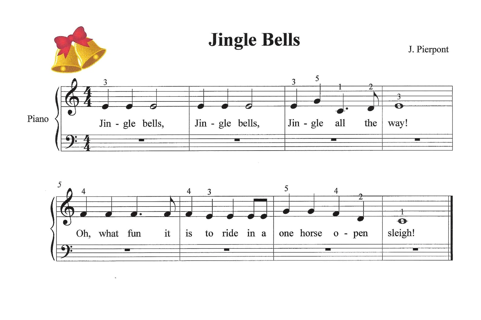 Jingle Bells Easy Piano, Beginner Christmas Piano, Jingle Bells Sheet ...