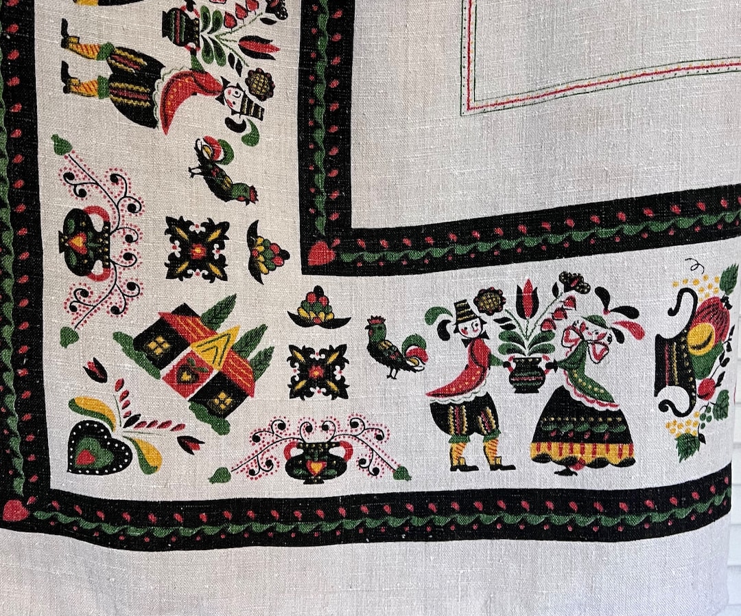 Vintage Linen Pennsylvania Dutch Design Tablecloth- Midcentury- Couple ...