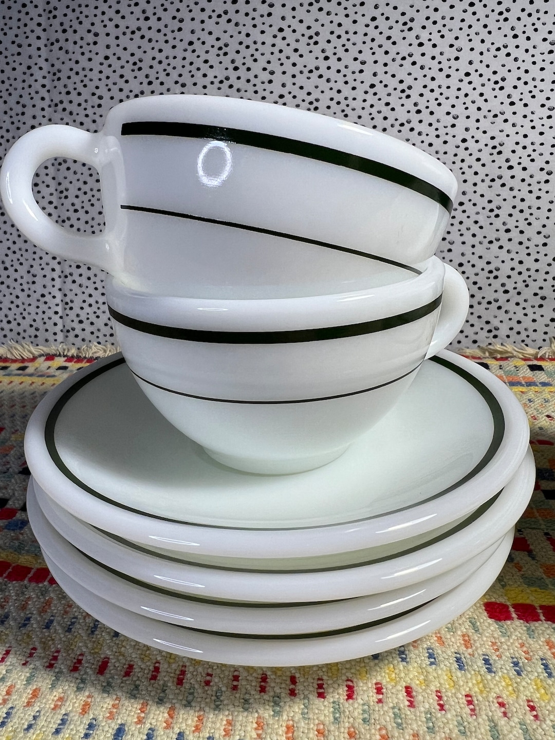Pyrex Restaurant Dinerware- Double Emerald Green Band Diner Milk Glass ...