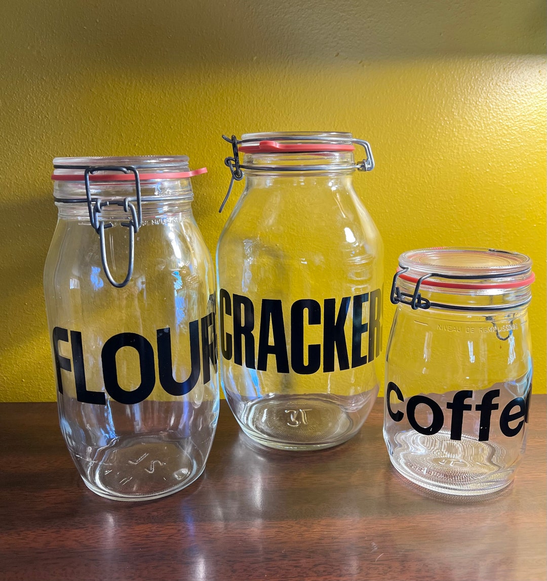 Vintage Glass Storage Jars Graphic Typography: Coffee, Crackers, Flour ...
