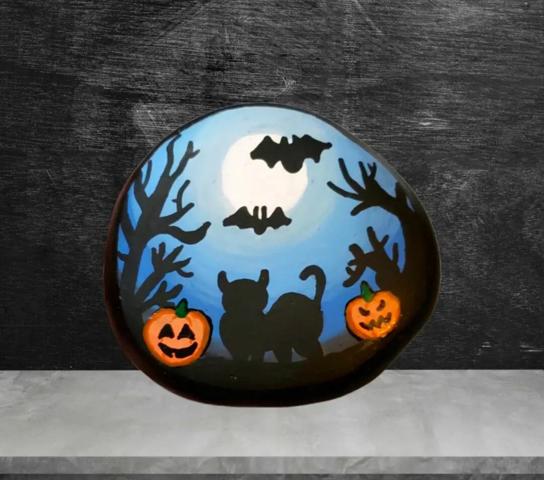 Black Cat Halloween Rock Painting, Stone Painting - Etsy